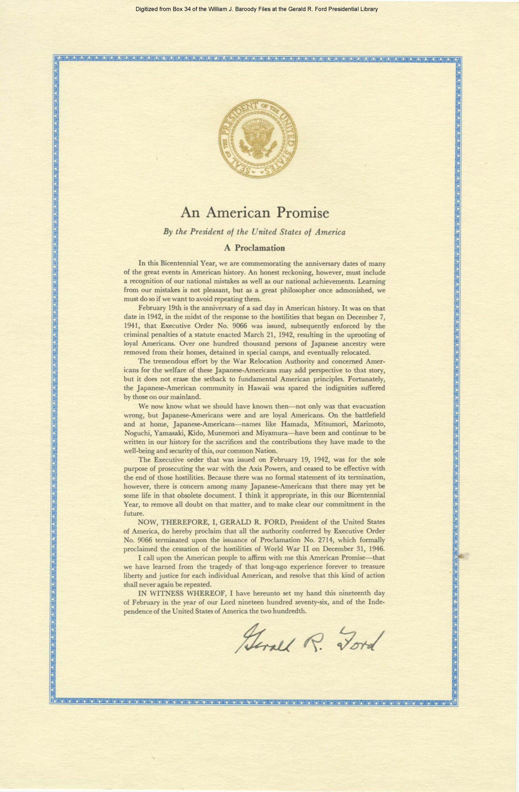 Termination of Executive Order 9066 – Ford in Focus
